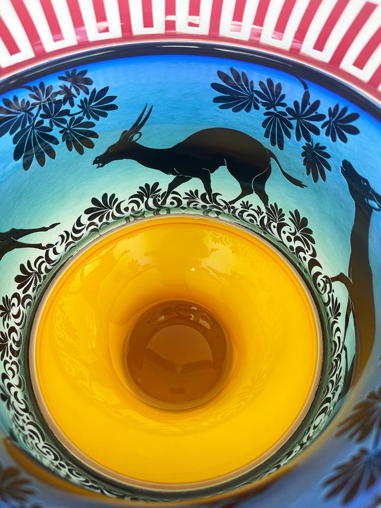Gary Genetti Blown Cameo Glass Antelope Vase, Etched Overlay, 2008 For ...