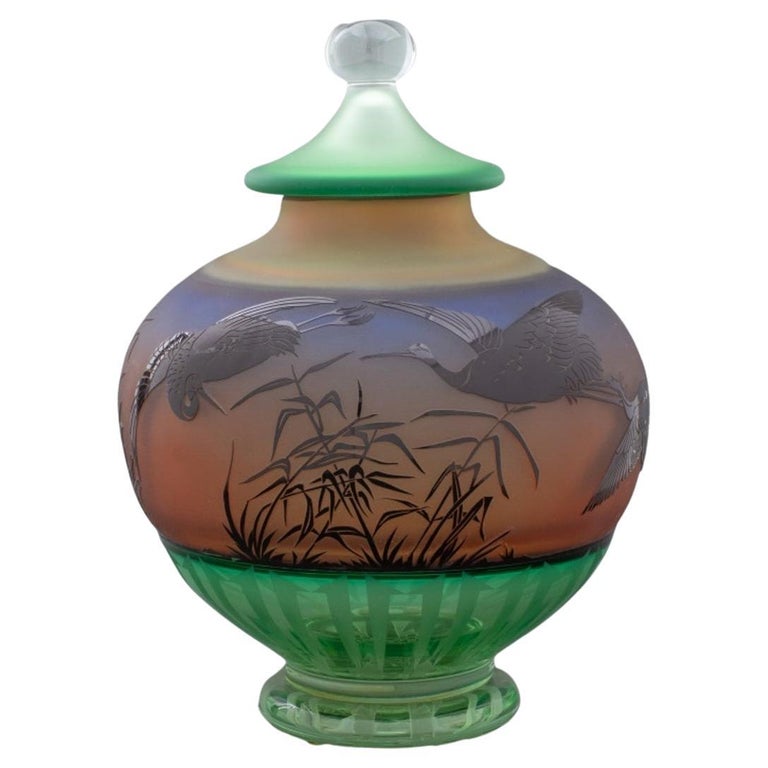Gary Genetti Covered Glass Vase with Cranes For Sale at 1stDibs