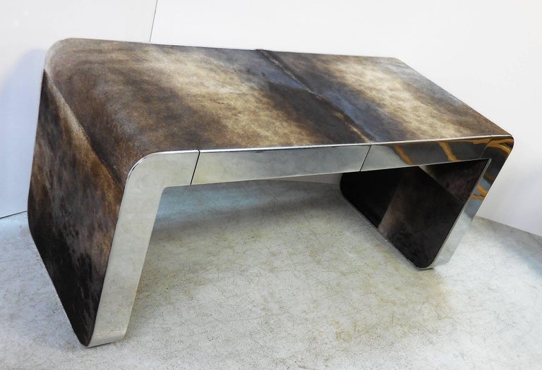 Gary Gutterman Polished Stainless Steel and Natural Hide Waterfall Desk ...