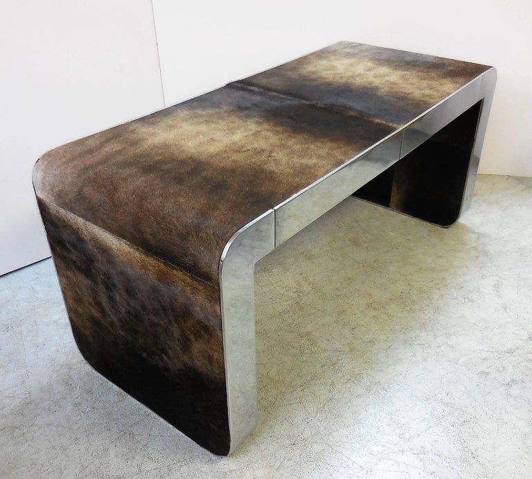 Gary Gutterman Polished Stainless Steel and Natural Hide Waterfall Desk ...