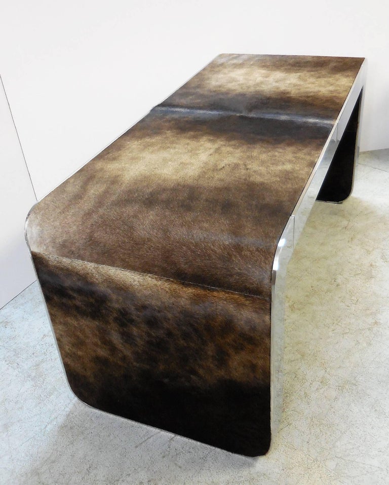 Gary Gutterman Polished Stainless Steel and Natural Hide Waterfall Desk ...