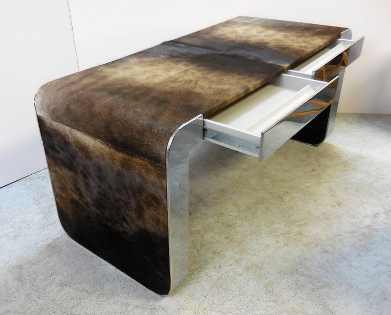 Gary Gutterman Polished Stainless Steel and Natural Hide Waterfall Desk ...