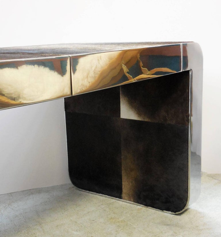 Gary Gutterman Polished Stainless Steel and Natural Hide Waterfall Desk ...