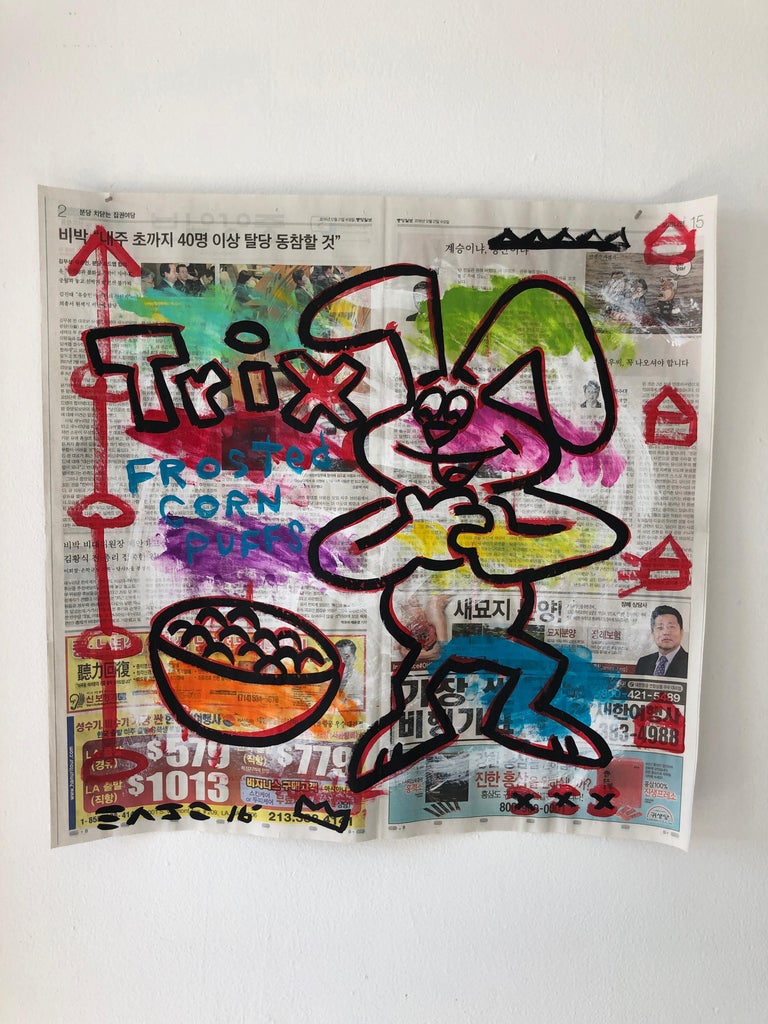 Gary John - "Trix Corn Puffs" Acrylic and Collage on Korean newsprint For Sale at 1stDibs