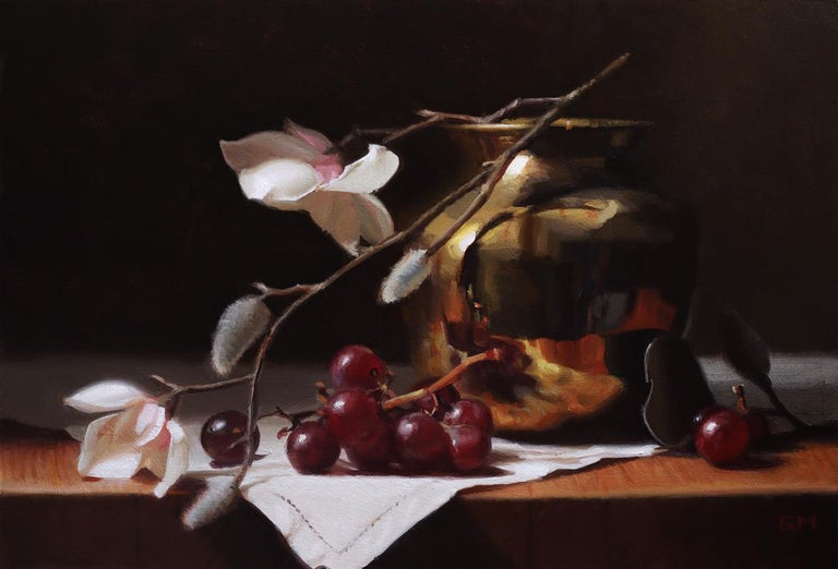 Gary Morrow - Brass Vase, Magnolia and Grapes - modern impressionist ...