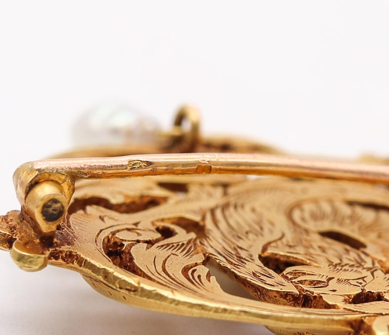 Gaston Lafitte 1890 French Art Nouveau Griffin Brooch in 18kt Gold with ...