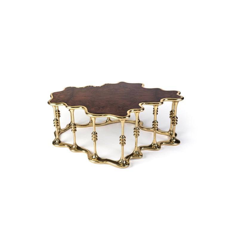 Contemporary Gaudi Center Table, Polished Brass and Walnut Root Veneer ...