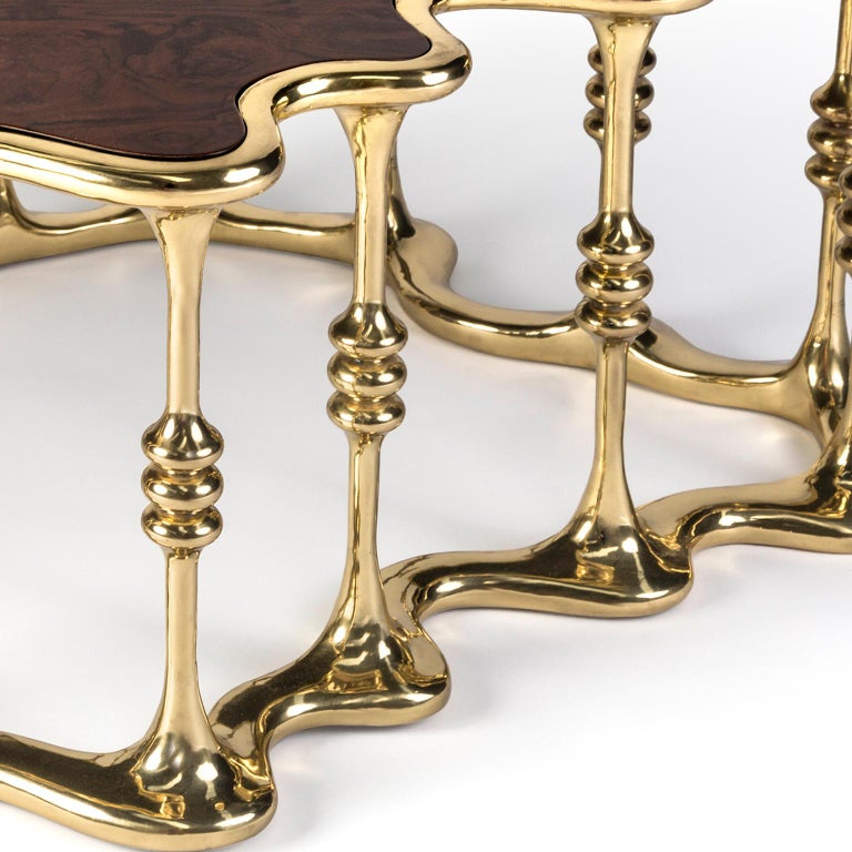 Contemporary Gaudi Center Table, Polished Brass and Walnut Root Veneer ...