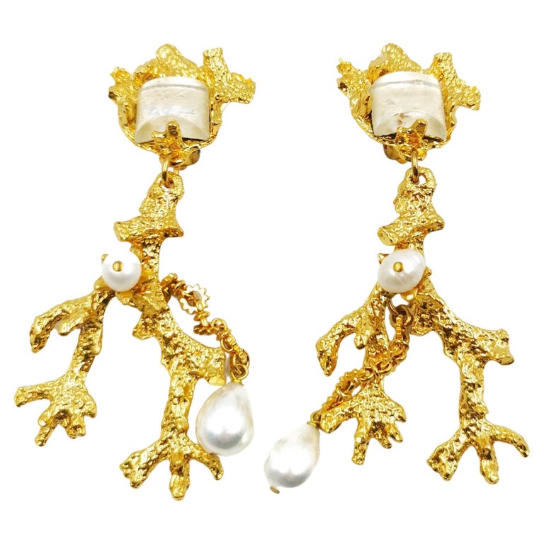 Gavilane Paris Coral White Gripoix Glaze Pearl Long Drop Clip on ...