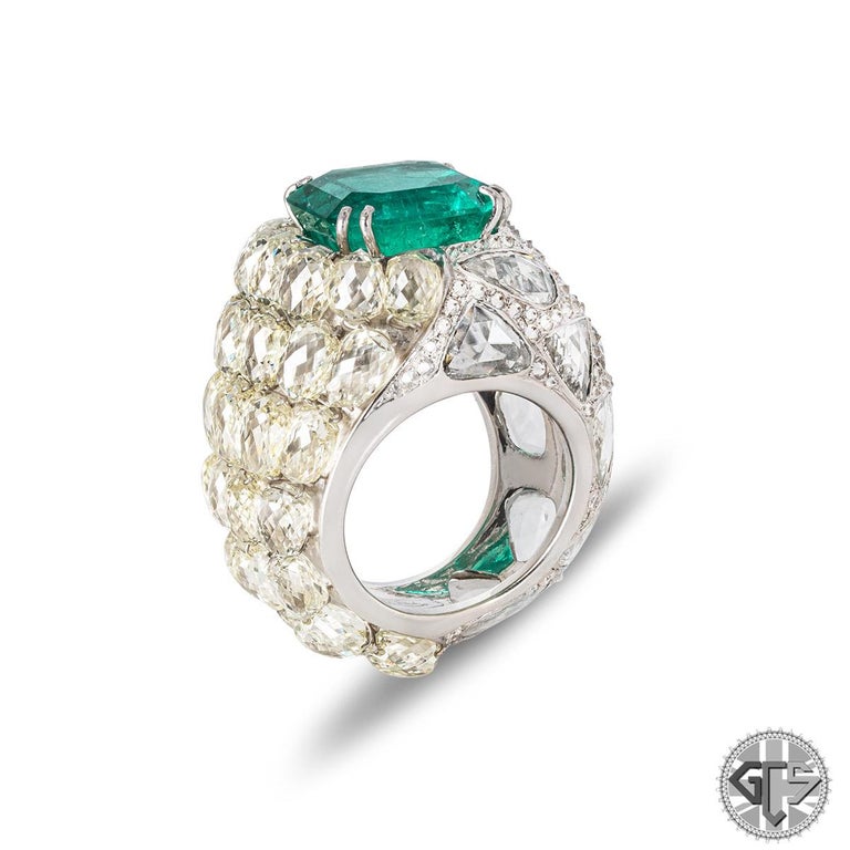 GCS Certified White Gold Columbian Emerald and Diamond Ring 15.60ct For ...