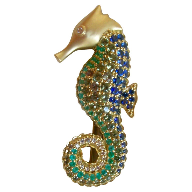 Gem Encrusted Sea Horse Brooch and Lapel Pin For Sale at 1stDibs