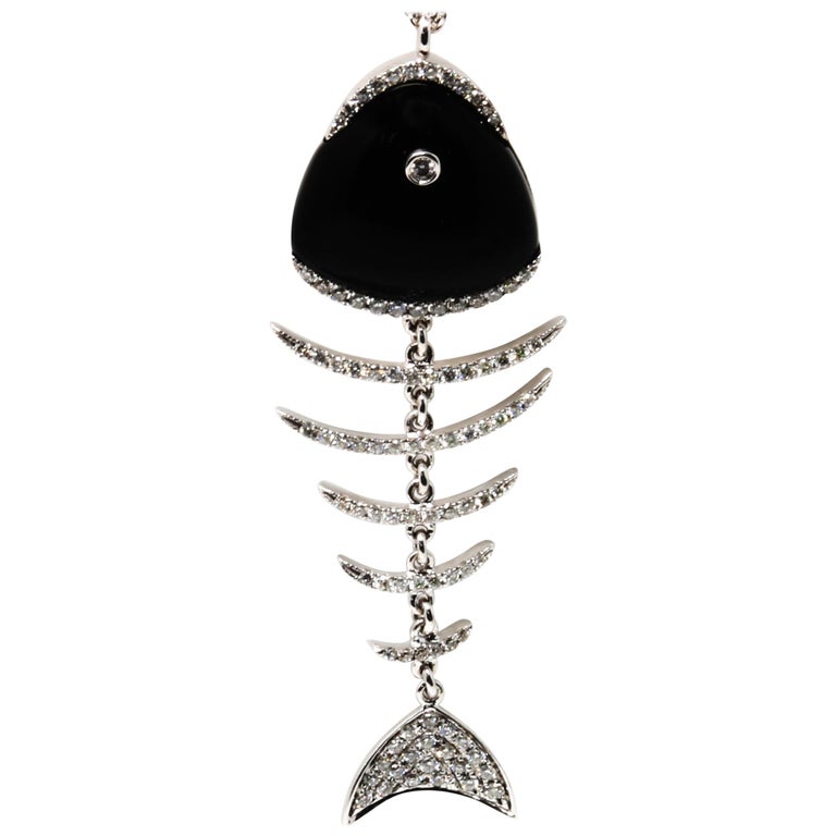 Gem Gallery Flexible Fish Pendant with Black Onyx and Diamonds For Sale ...