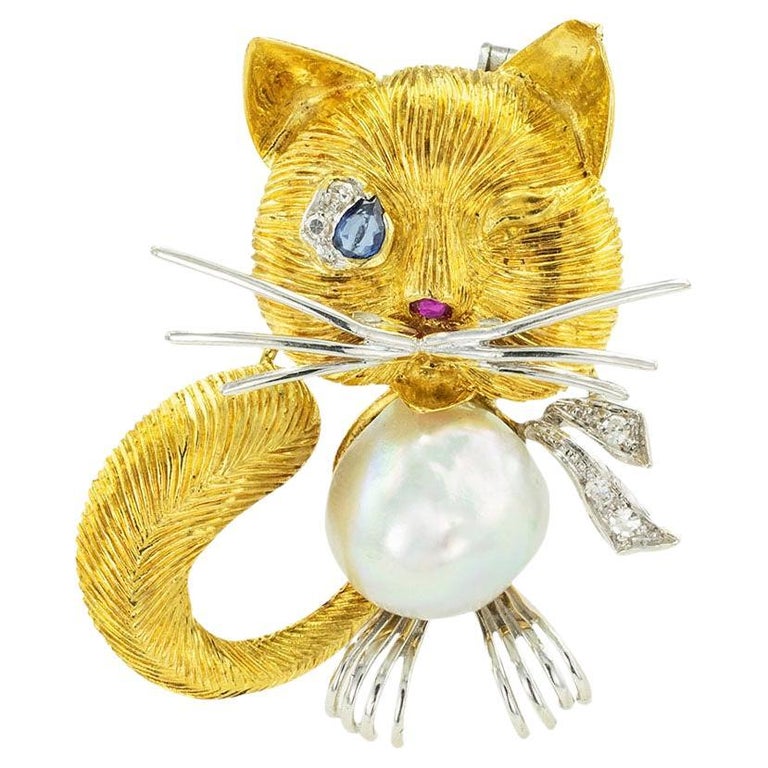 Gem Set Baroque Pearl Yellow Gold Cat Brooch at 1stDibs