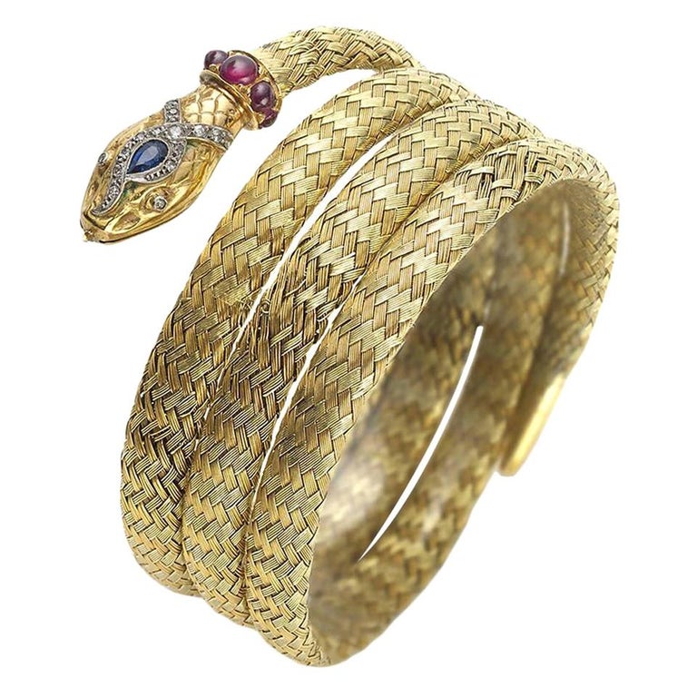 Antique Ruby Sapphire and Diamond Woven Gold Snake Bracelet Circa 1880 ...