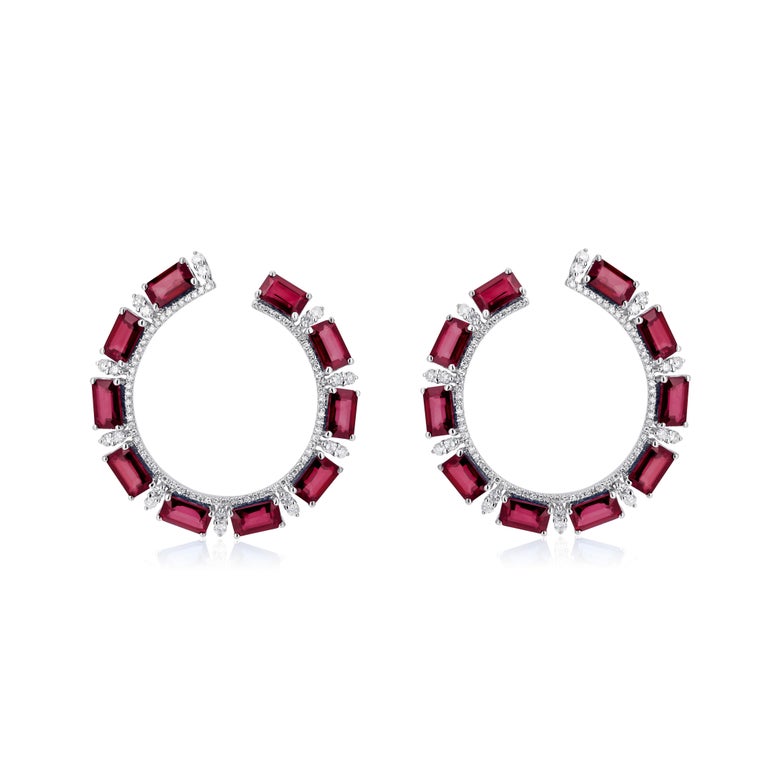 Gemistry 7.15cttw. Octagon Ruby and Diamond Hoop Earrings in 18k White Gold For Sale at 1stDibs
