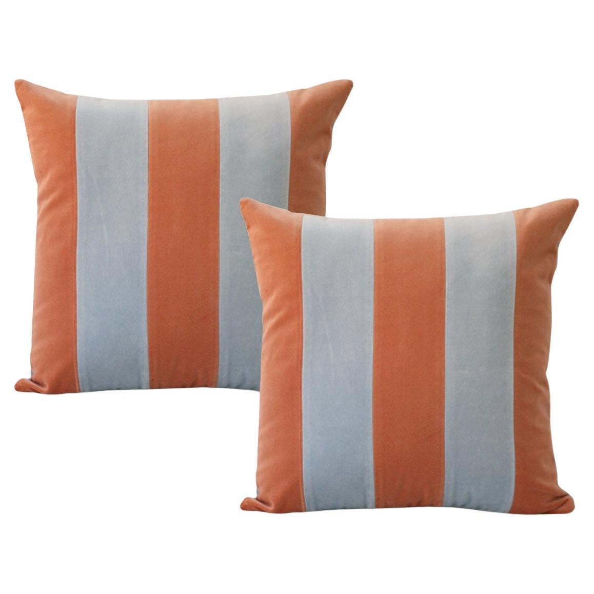 Gemma Pink and Brick Set of 2 Velvet Deluxe Handmade Striped Cushions ...