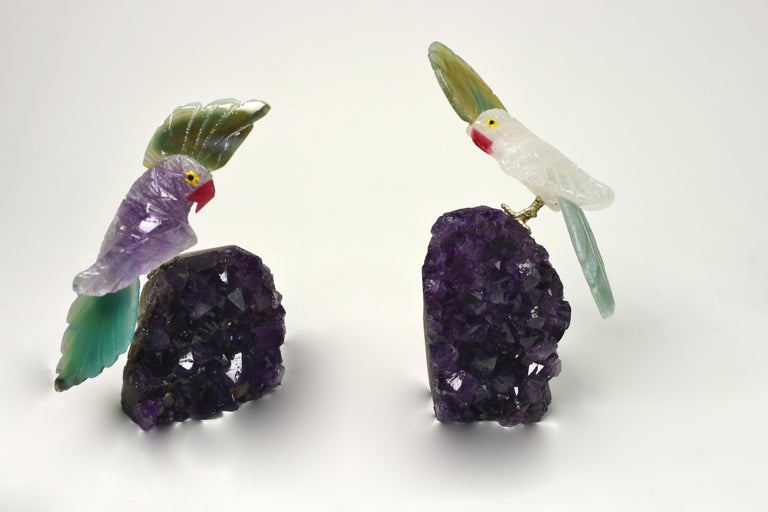 Gemstone Quartz Parrots Birds on Amethyst For Sale at 1stDibs