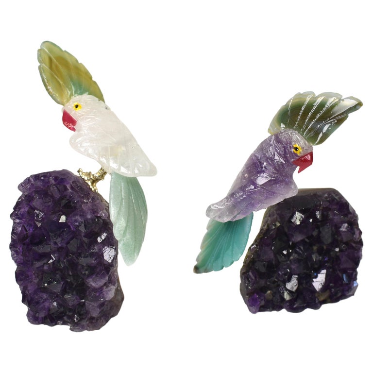 Gemstone Quartz Parrots Birds on Amethyst For Sale at 1stDibs