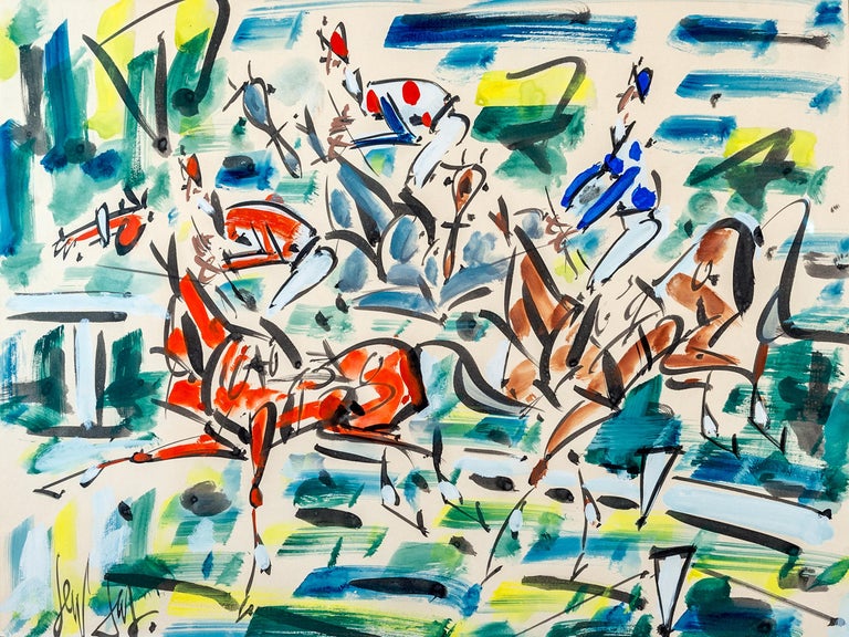 Gen Paul - 'At the Races' Abstract colourful painting of horses and ...