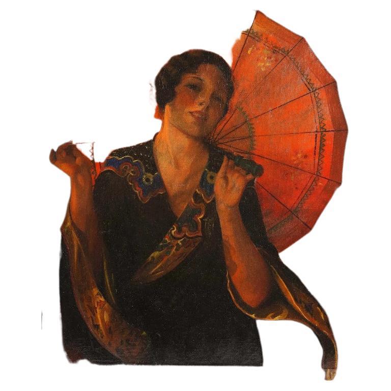 Gene Pressler Original Oil on Canvas Painting Deco Woman with Paraso ...