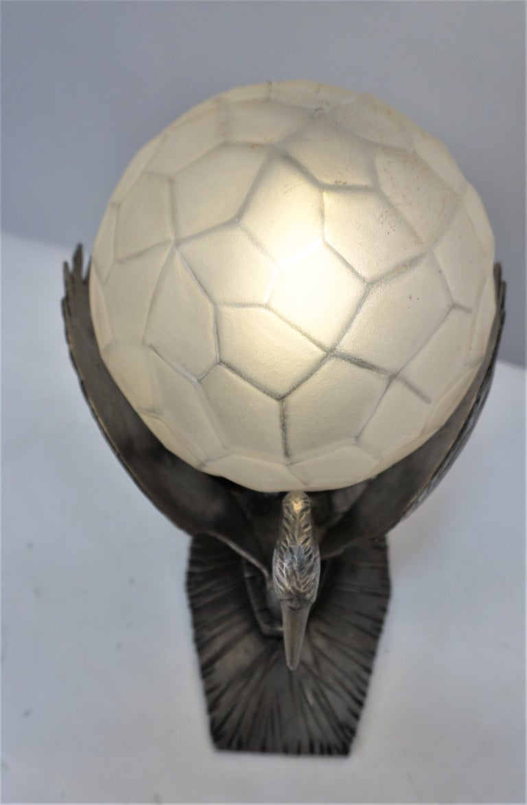 Genet et Michon Art Deco Handmade Iron Swan and Glass Shade Table Lamp ...