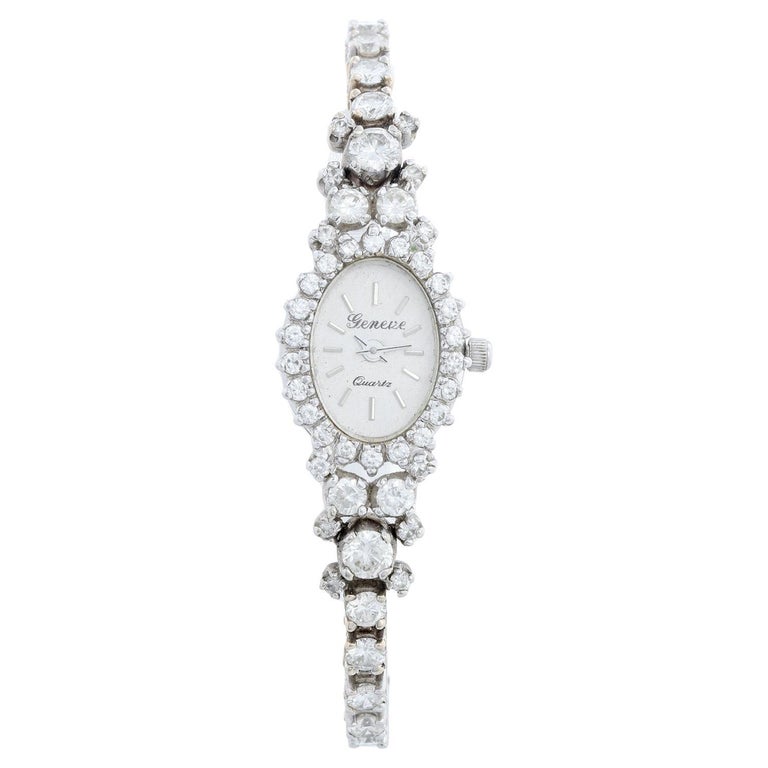 Geneve Vintage Diamond 14k White Gold Ladies Watch For Sale at 1stDibs