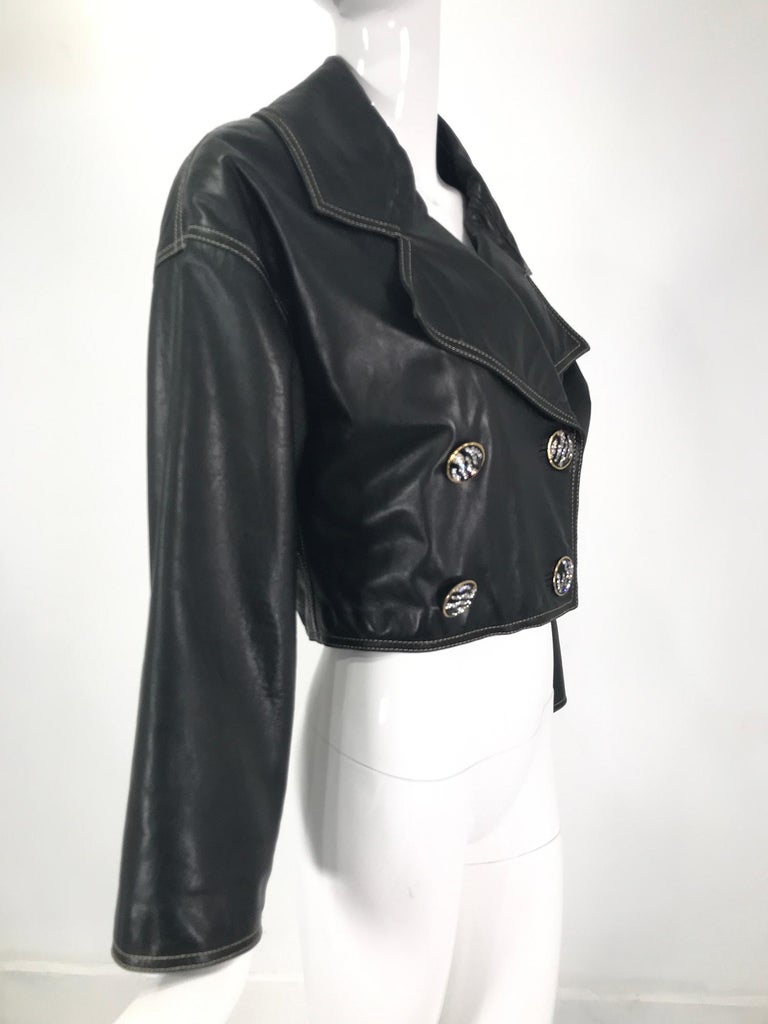 Genny Black Leather Bomber Jacket With Rhinestone Buttons and Gold ...