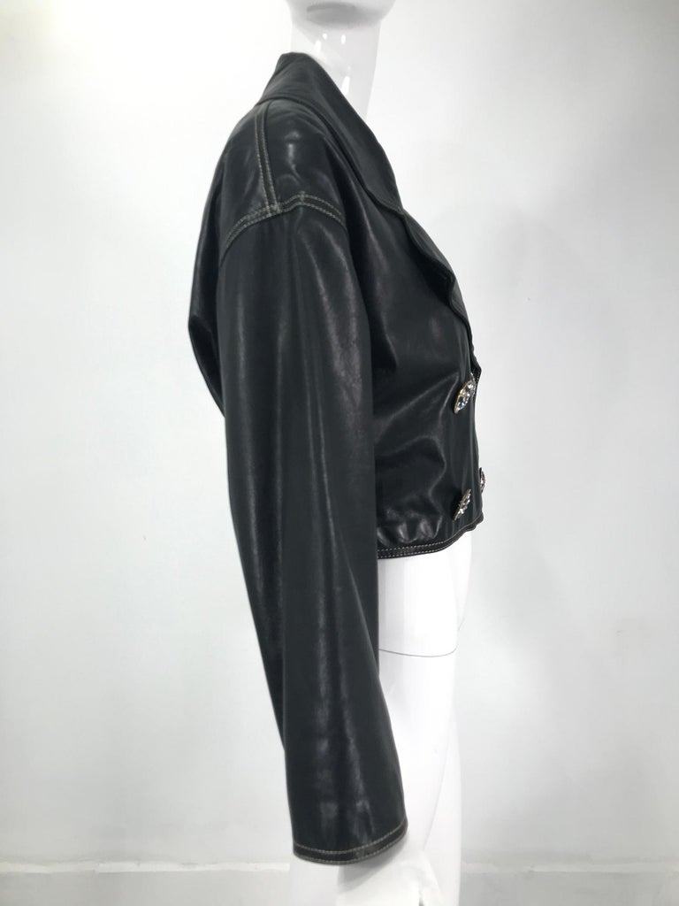Genny Black Leather Bomber Jacket With Rhinestone Buttons and Gold ...
