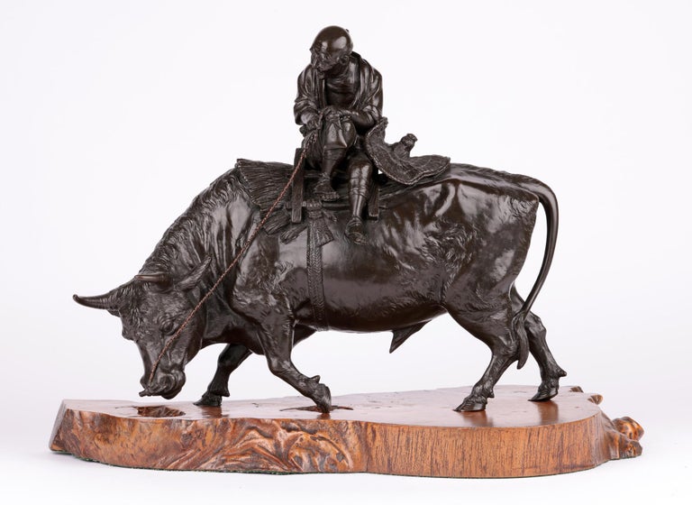 Genryusai Seiya Japanese Meiji Man and Water Buffalo Sculpture on Stand ...