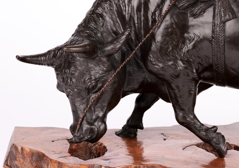 Genryusai Seiya Japanese Meiji Man and Water Buffalo Sculpture on Stand ...