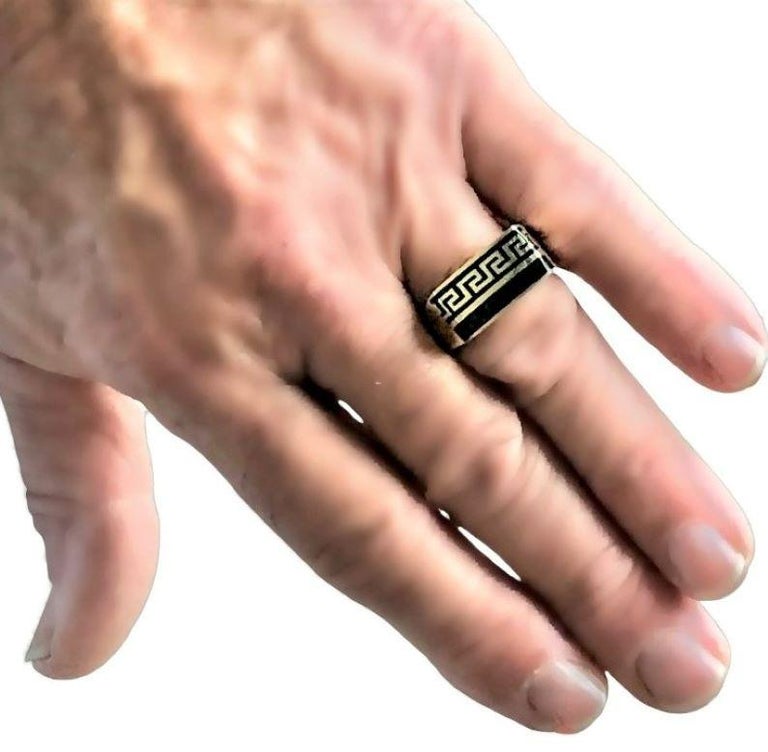 Gent's 14k Gold and Black Enamel Greek Key Motif Ring For Sale at 1stDibs
