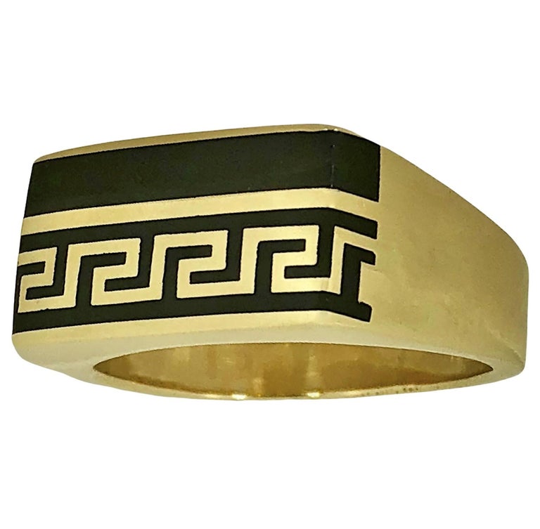 Gent's 14k Gold and Black Enamel Greek Key Motif Ring For Sale at 1stDibs
