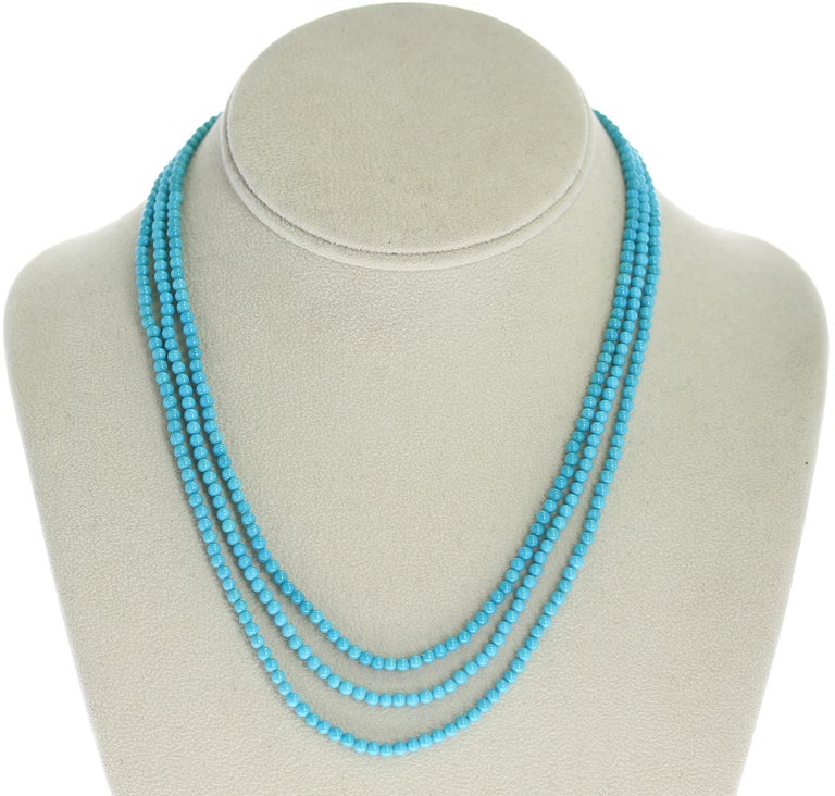 Genuine Turquoise Three Strand Necklace, 14 Karat Yellow Gold For Sale ...