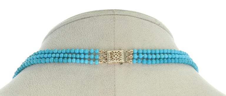 Genuine Turquoise Three Strand Necklace, 14 Karat Yellow Gold For Sale ...