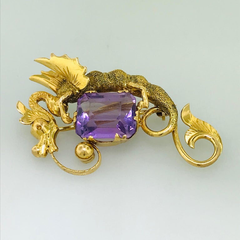 Genuine 4 Carat Purple Amethyst Gemstone Yellow Gold Ornate Dragon Pin ...