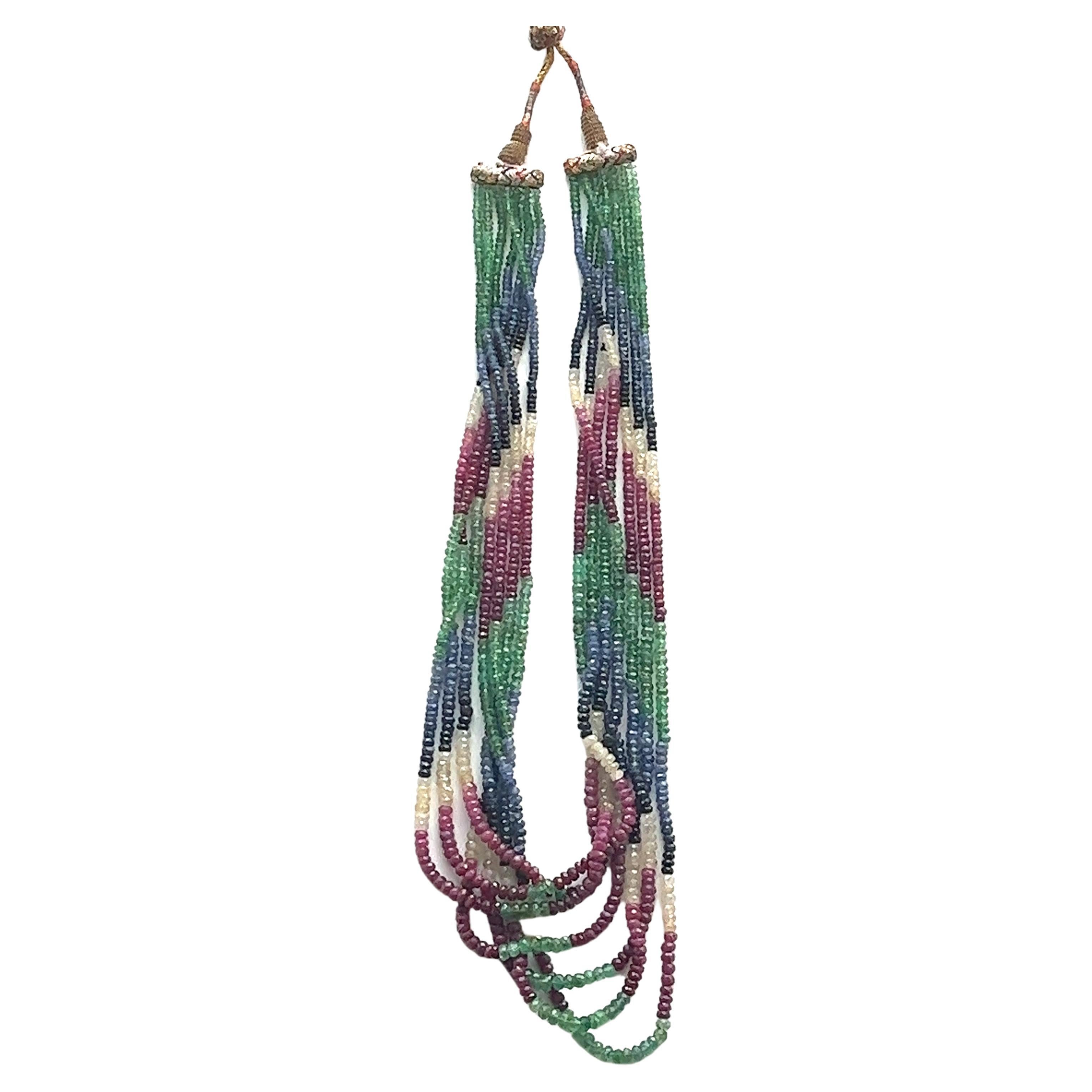 Genuine 400 carat of Ruby Sapphire Emerald 7 Strands Bead Necklace For ...