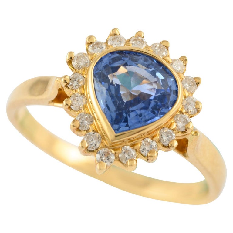 Customizable Genuine Blue Sapphire and Halo Diamond Engagement Ring 18k Solid Yellow Gold For ...