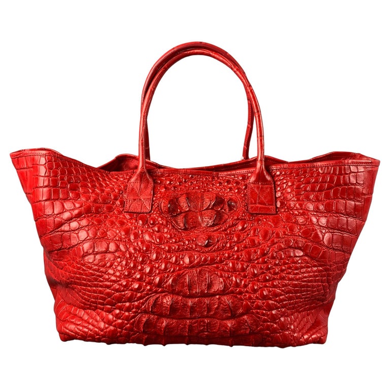 GENUINE CROCODILE SKIN Red Crocodile Tote Handbag For Sale at 1stDibs