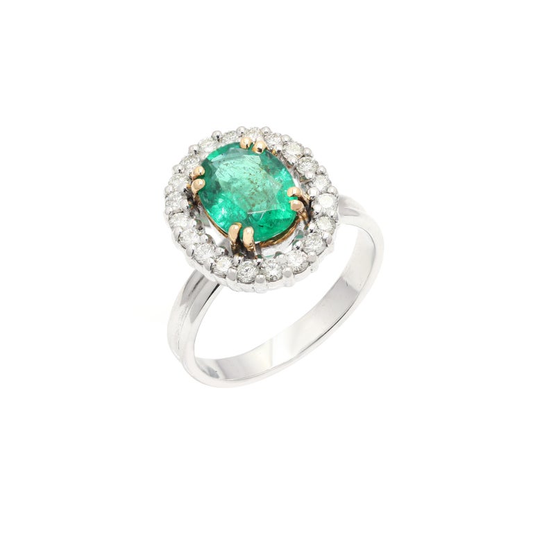 Customizable Genuine Emerald Diamond Halo Engagement Ring Embedded in ...
