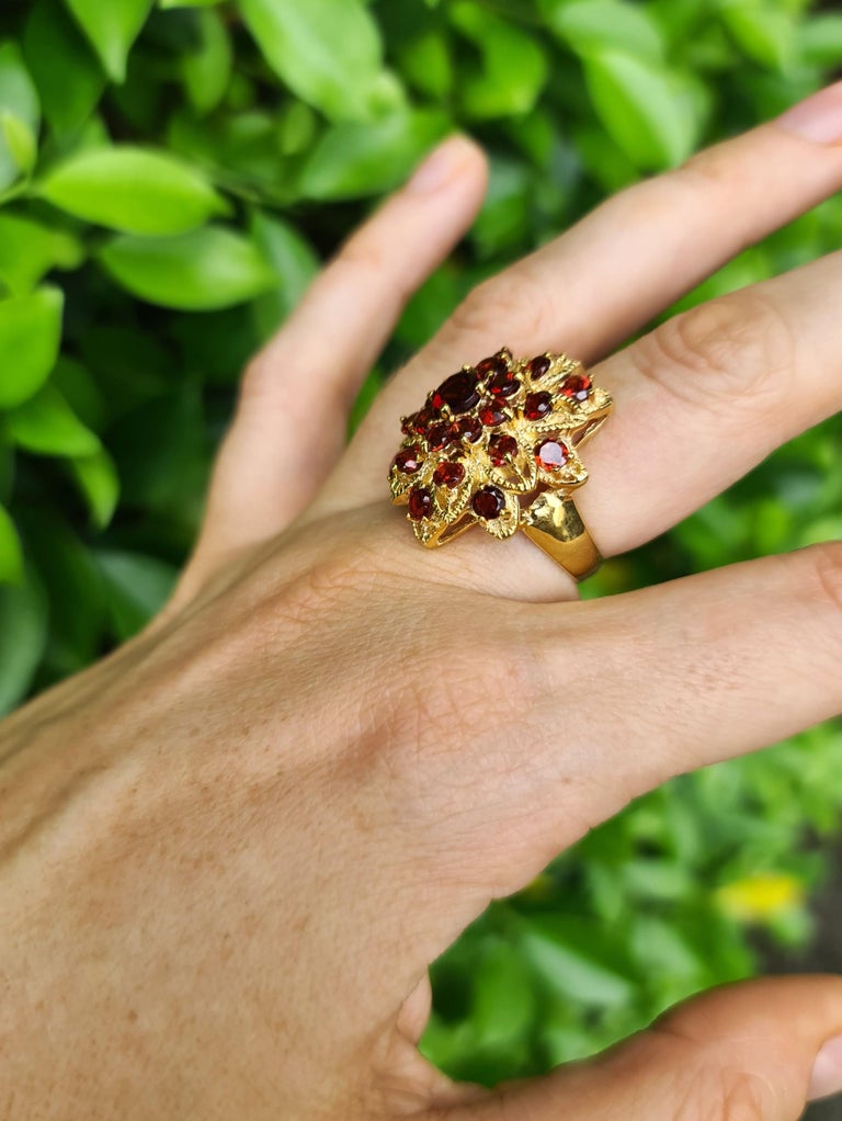 Genuine Garnet Ring Sterling Silver Gold Plated Flower Garnet Ring For ...