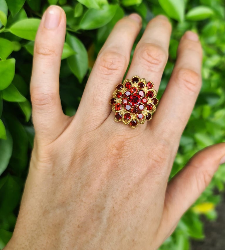 Genuine Garnet Ring Sterling Silver Gold Plated Flower Garnet Ring For ...