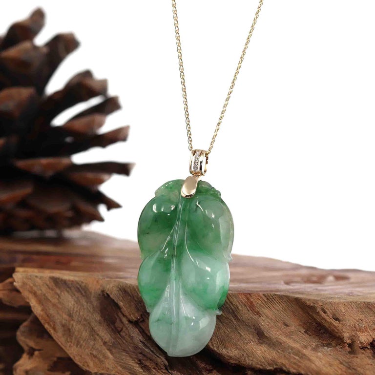 Genuine Green Jadeite Jade Leaf Necklace with VSI Diamond Gold Bail For ...