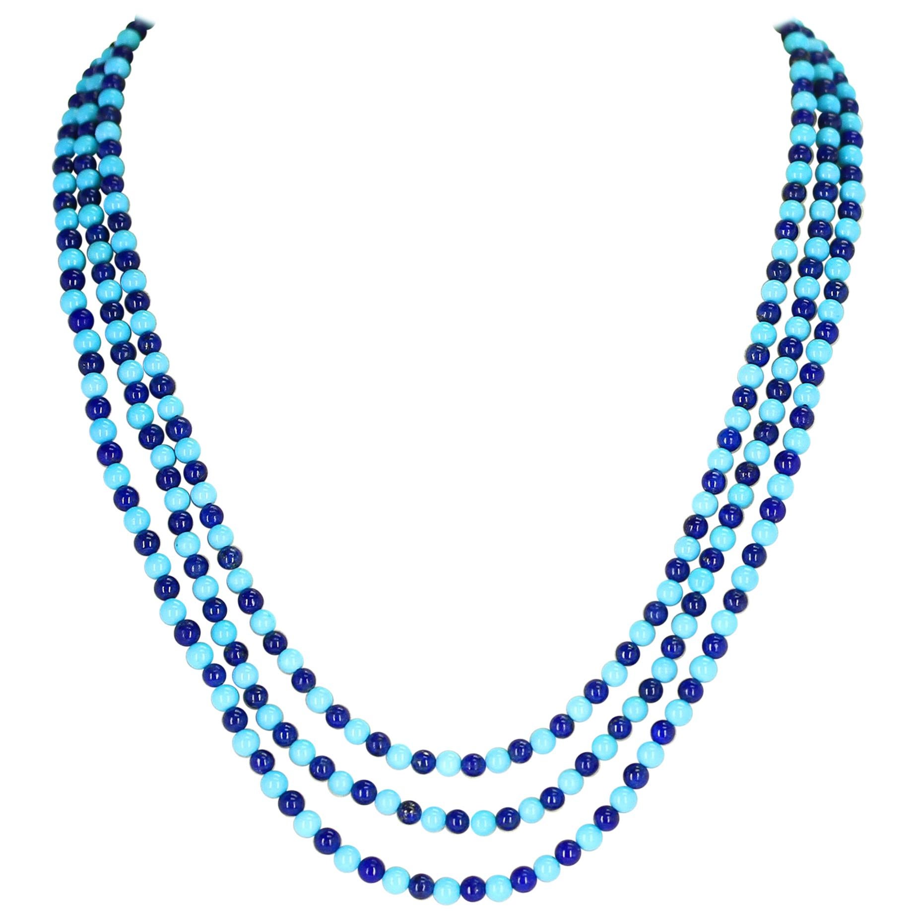 Genuine Turquoise and Lapis Lazuli Beads Necklace, 14 Karat Yellow Gold ...