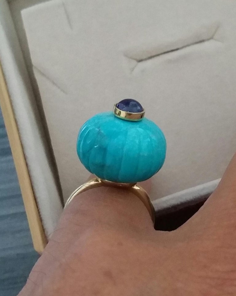 Genuine Turquoise Turban Ring Blue Sapphire Cabochon 14 Karat Solid ...