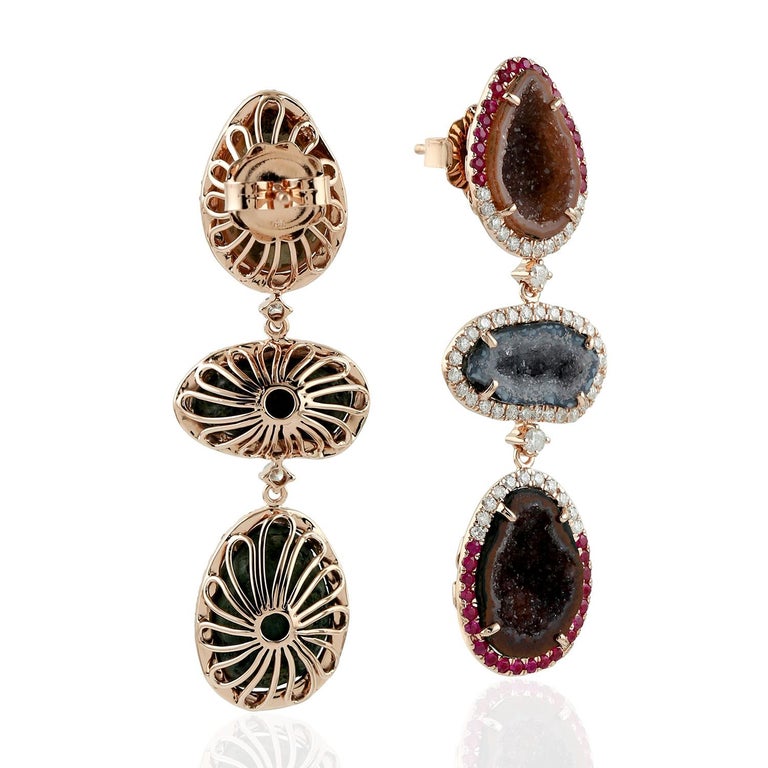 Geode Ruby Diamond 18 Karat Gold Triple Drop Earrings For Sale at 1stDibs