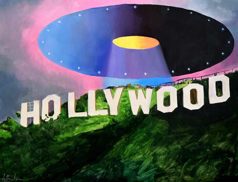Geoff Greene - "Saucer Over Hollywood Sign", Painting, Acrylic on Paper ...