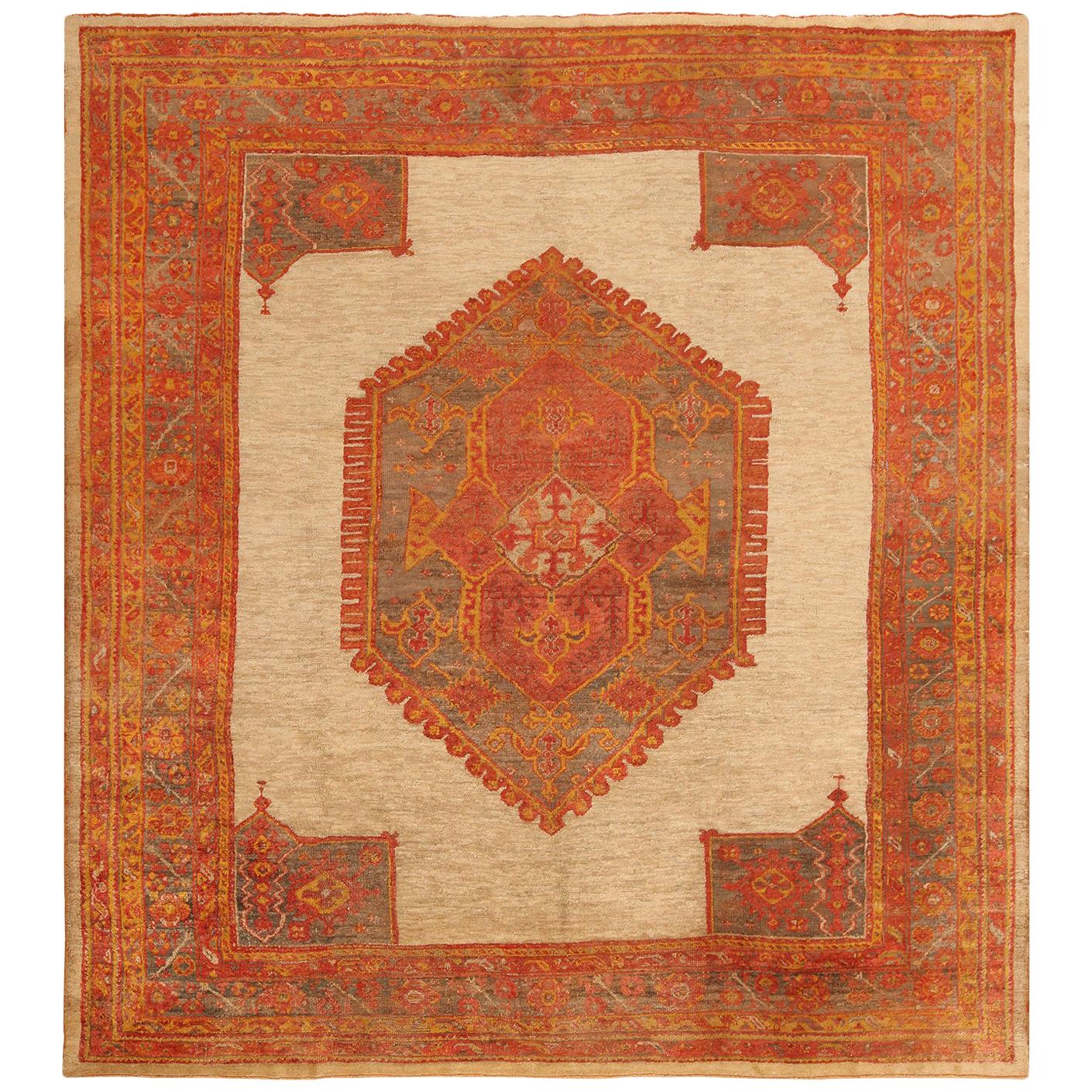 Geometric Antique Turkish Oushak Angora Rug For Sale at 1stDibs