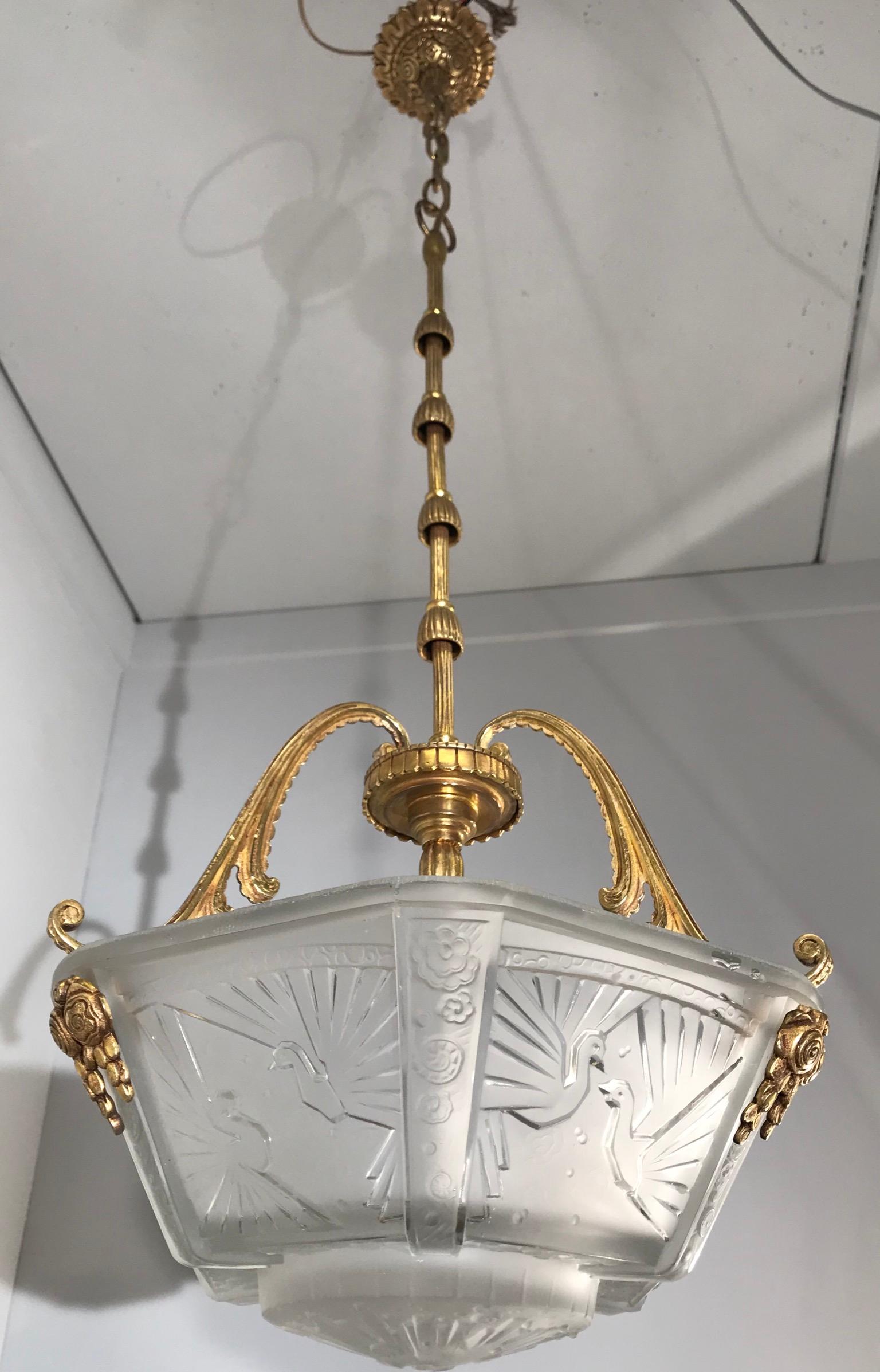 Timless Art Deco Gilt Bronze and Glass Pendant Light by Muller Frères ...