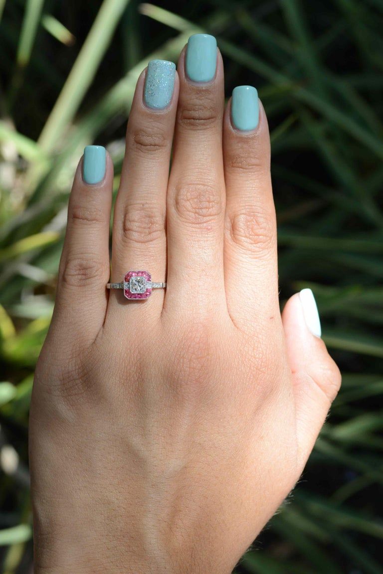 Geometric Art Deco Style Square Diamond and Ruby Engagement Ring For ...