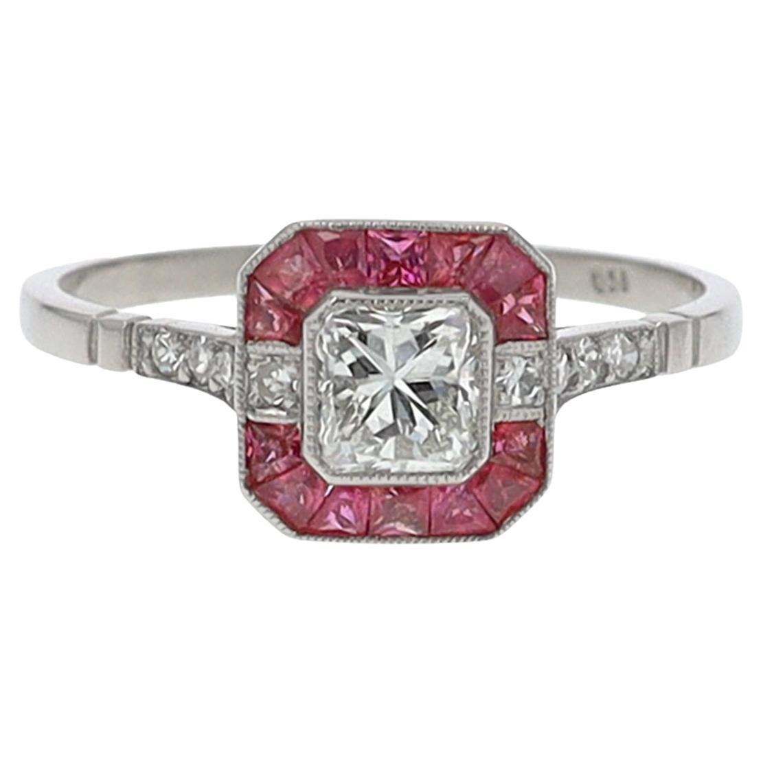 Art Deco Style Diamond and Ruby Engagement Ring For Sale at 1stDibs